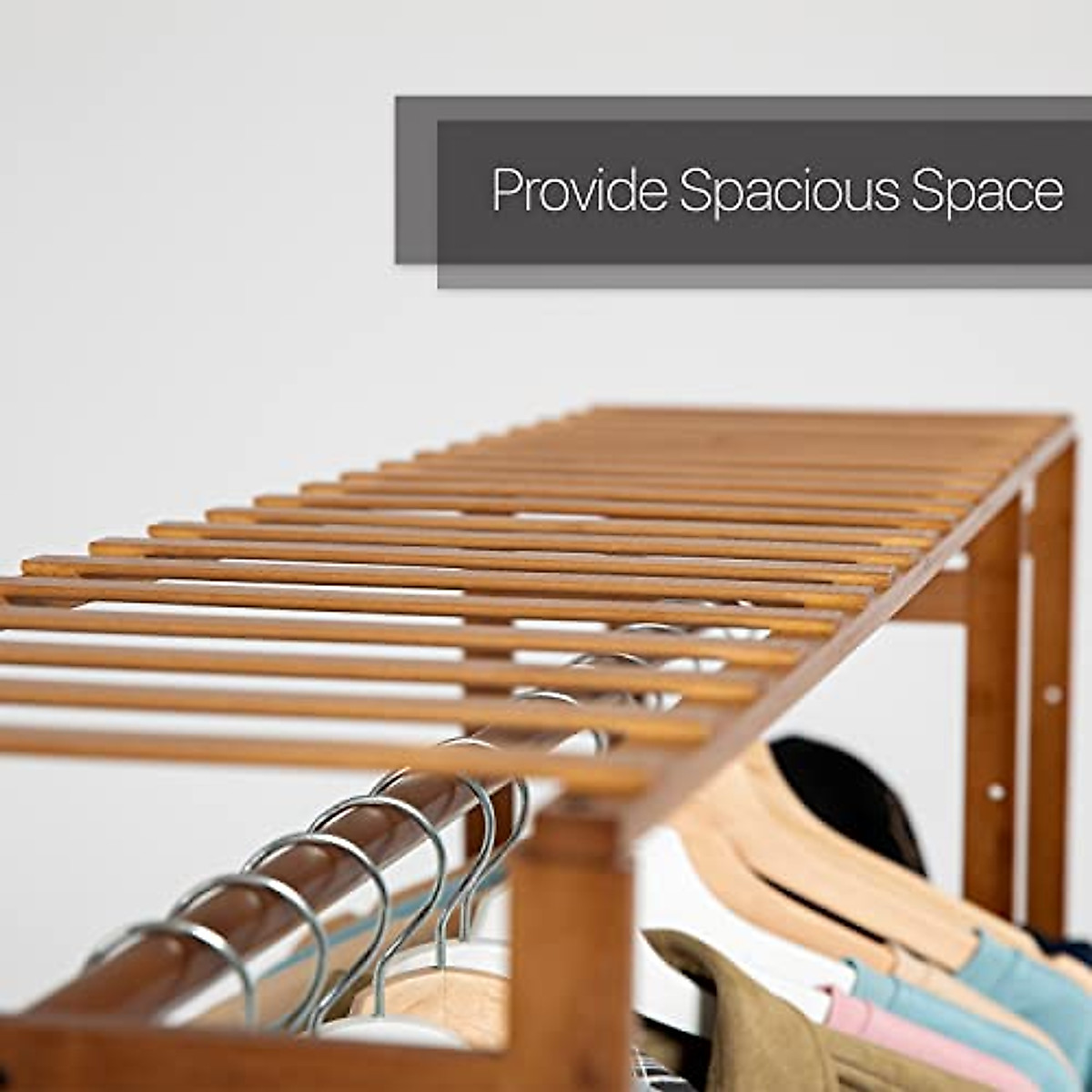 MoNiBloom Bamboo Garment Rack with Shelves 6 Tier Closet Coat Storage Organizer Clothes Hanging Rack with Pants Rack & Hooks for Bedroom, Living room, Office, Mudroom, Brown