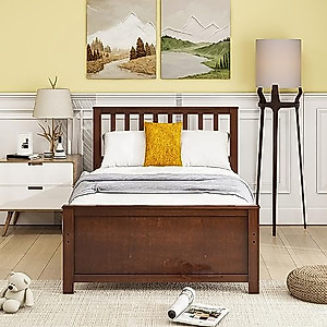Merax Twin Size Platform Bed, Wood Twin Bed Frame with Headboard, Footboard and Wood Slat Support, No Box Spring Needed, Walnut