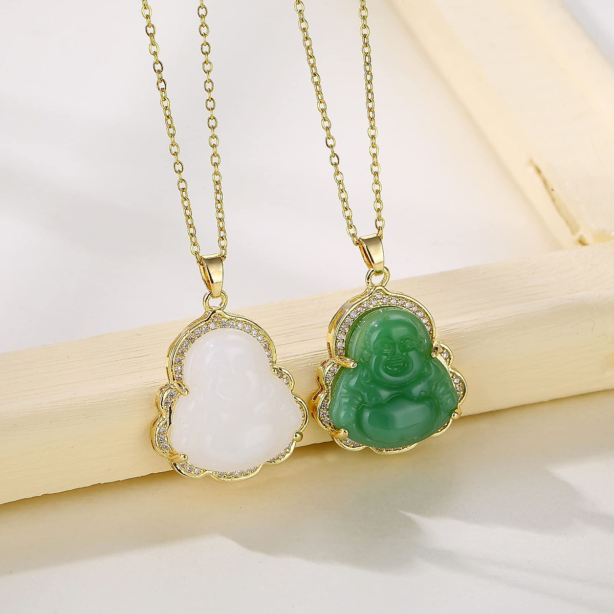 Laughing Buddha Pendant Necklace 18k Gold Plated Jade Smiling Buddha Chain Bling Necklace Dainty Gemstone Lucky Amule Amulet Jewelry for Women Men-B White