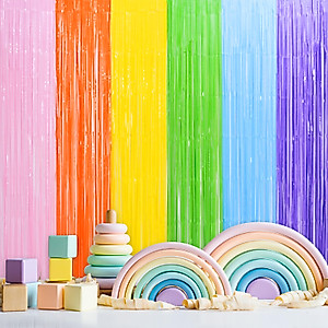 LOLStar Candyland Party Decorations, 2 Pack 3.3x6.6ft Pastel Rainbow Foil Fringe Curtains, Tinsel Curtains Photo Booth Prop Streamer Pastel Backdrop for Cocomelon Home Decor Easter Bunny Decorations