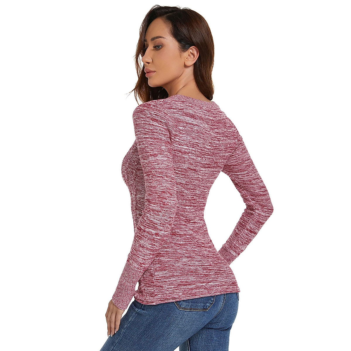 AmélieBoutik Women Cotton Blend Crewneck Long Sleeve Cable Knit Pullover Sweater (Red Large)