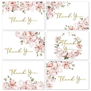 Whaline 36 Packs Floral Gold Foil Thank You Cards Watercolor Pink Flower Greeting Cards Blank Note Cards with Envelopes and Stickers for Wedding Baby Shower Bridal Shower Party, 4 x 6 Inch