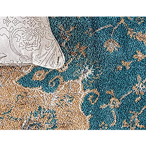 Unique Loom Aurora Collection Over-Dyed, Abstract, Botanical Southwestern, Transitional Area Rug, 8 ft x 8 ft, Teal/Beige
