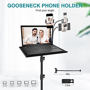 SanLead Projector Laptop Tripod Stand, Portable Tripod Shelf DJ Laptop Stand Height Adjustable Up to 54 Inches Projector Mount with Gooseneck Phone Holder, Detachable Universal Tripod Stand, Black