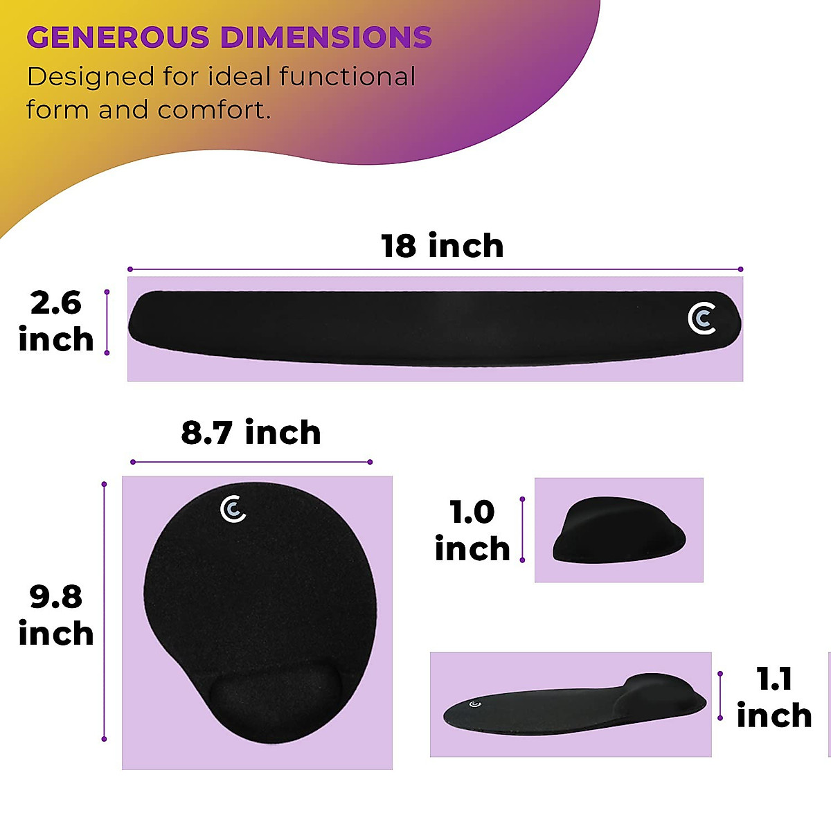 4pc Premium Wrist Rests for Keyboard and Mouse Pad Set - Memory Foam Cushion, Black - Ergonomic Wrists Hand Arm Rest Support for Laptop Computer Desk and Gaming - Carpal Tunnel Syndrome Relief