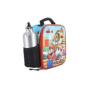 AI ACCESSORY INNOVATIONS Super Mario Bros Lunch Box Set for Boys & Girls, Stainless Steel Water Bottle with Carabiner Clip and Ice Pack, Insulated & Waterproof Lunch Bag with Zipper, 4 Pieces