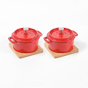 HAWOK Enameled Cast Iron Mini Round Cocotte Set, 0.3QT Mini Dutch Ovens with Lids and Bamboo Trays, 270ml/9.13oz/1.08cups, Set of 2, Red