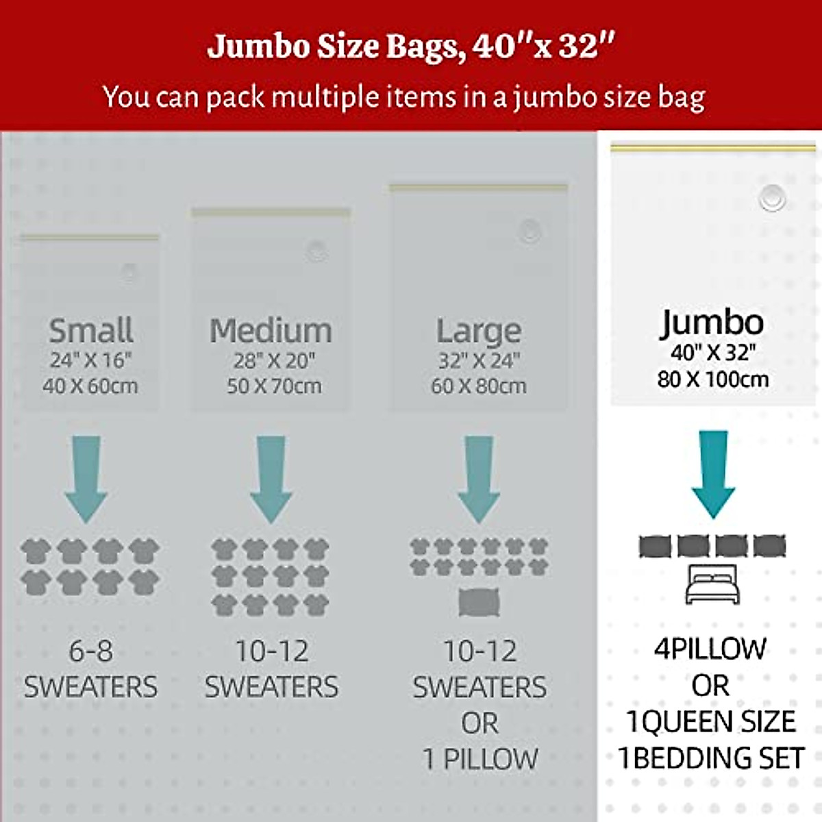 Vacuum Storage Bags (6 Jumbo) with Hand Pump | 40"x32" Vacuum Sealer Bags Clothes | Compression Bags for Travel | Space Saver Vacuum Storage Bags | Blanket Storage Bags | Clothing Storage