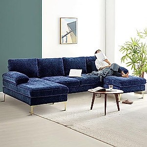 U-Shaped Sectional Sofa Comfy Couch for Living Room Set, 110 inches Wide Modern Large 4-Seat Couch Convertible Soft Velvet Couch Set with Double Chaise Lounge (Navy Blue, Chenille Fabric)