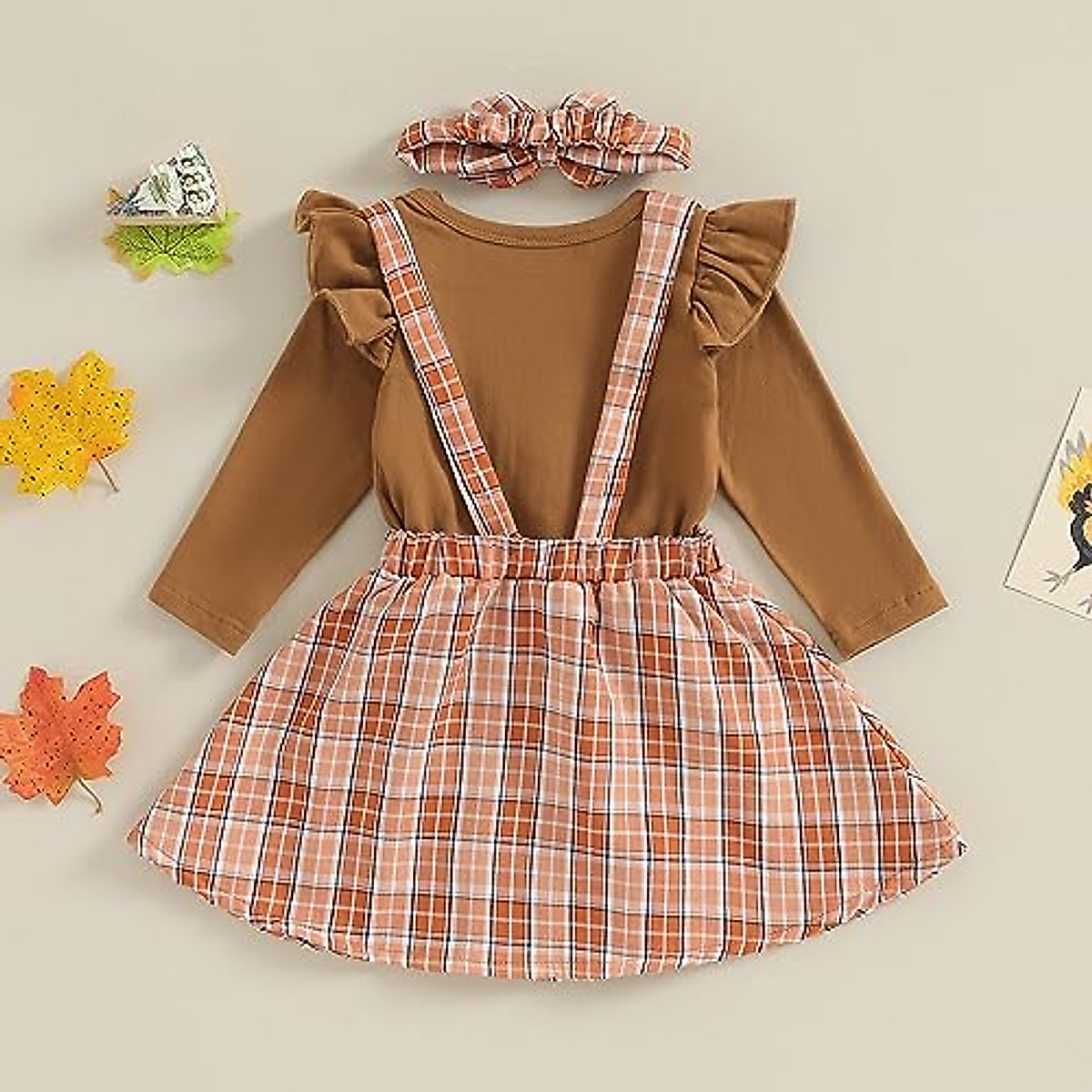 Baby Girls Thanksgiving Outfits Long Sleeve Newborn Romper and Suspender Plaid Skirt Set Infant Fall Winter Clothes (Brown, 3-6 Months)