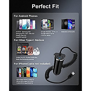 USB C Car Charger, 3.4A Cigarette Lighter Fast Charging Adapter with 3ft USB-C Coiled Cable for Google Pixel 7 Pro 6a 6 5a 4 XL 3, Galaxy S23 Ultra S22 S21 A14 5G A13 A03s A51, iPhone 14 13, Car Plug