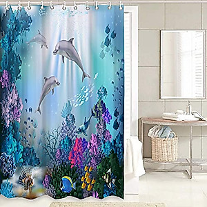 GRIEKOWE 4 Pcs Dolphin Shower Curtain Sets with Non-Slip Rugs, Toilet Lid Cover and Bath Mat, Underwater Algaes Coral Reefs Sunbeam Tropical Fish Shower Curtain with 12 Hooks, 72"x72"