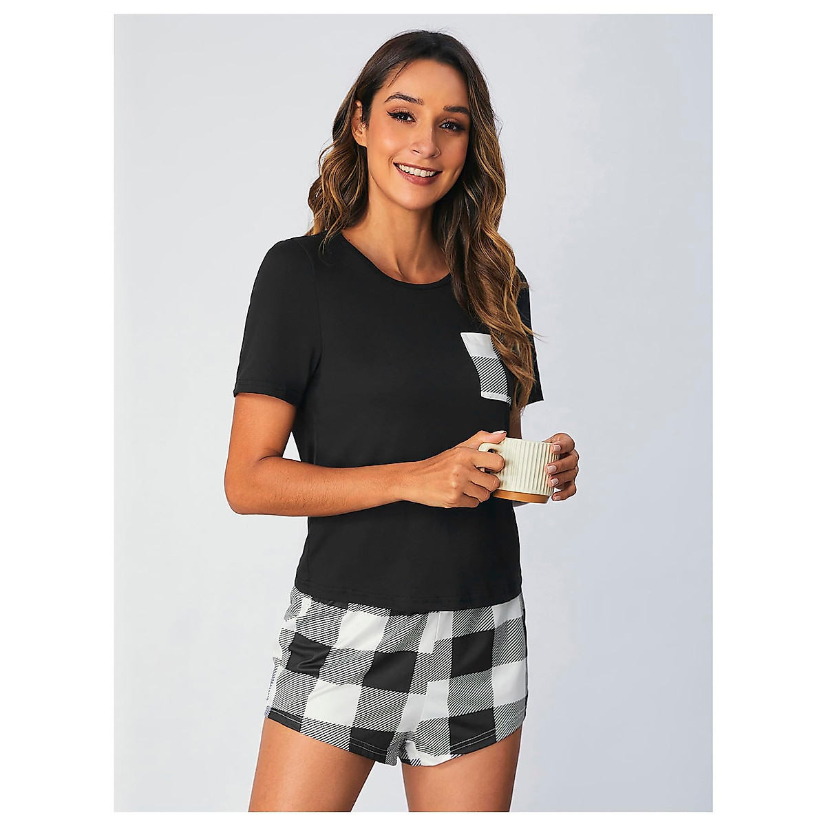 SOLY HUX Women's Short Sleeve Tee Top and Plaid Shorts Lounge Pajama Set Sleepwear Black White S