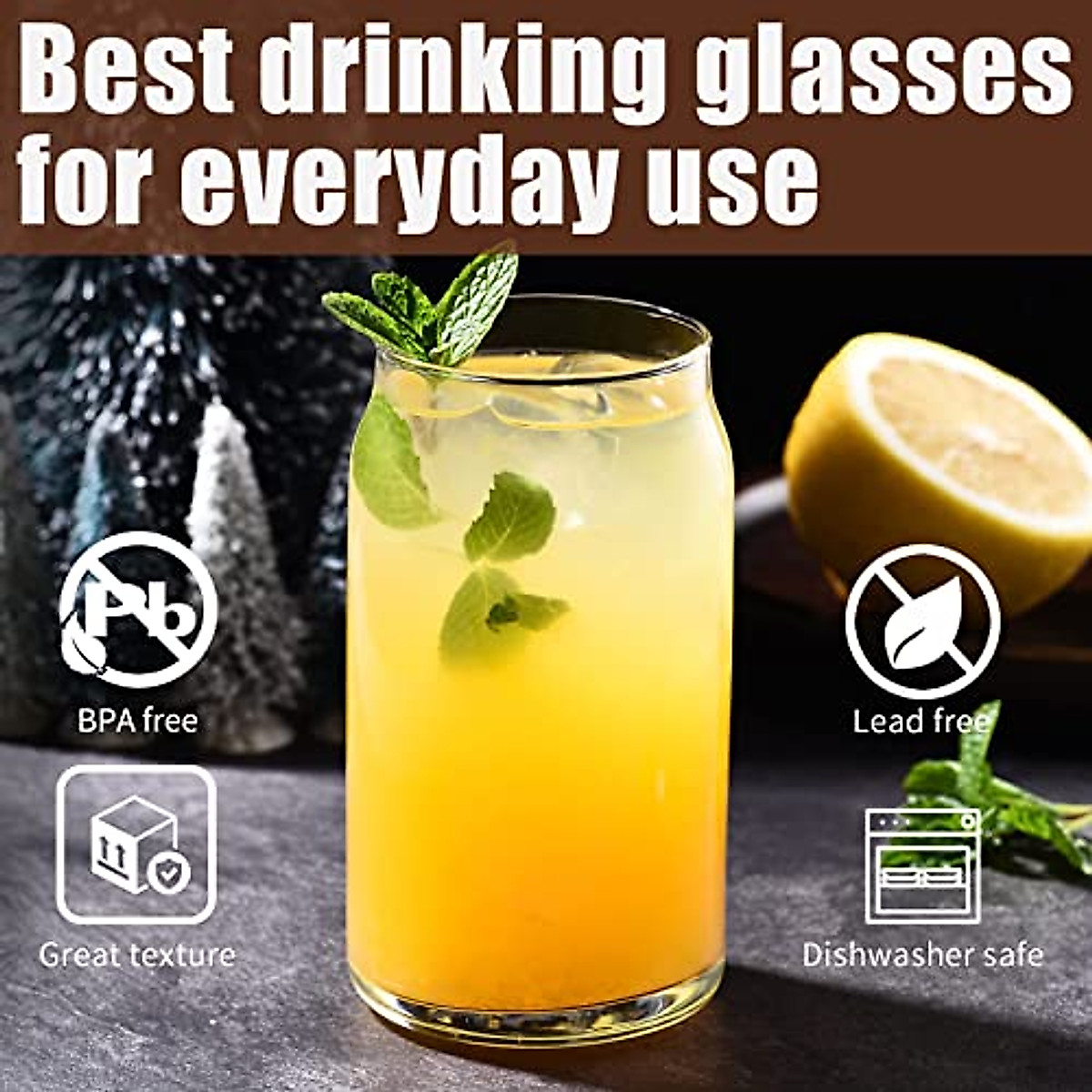 Beer Can Shaped Glass, Drinking Cups With Lids and Straws,Beer Glass Cups 16 oz, Glass Cups Set Of 12, Beer Glasses Drinking Glasses Bulk, Ideal For Beer, Soda, Iced Coffee, Smoothies, Cocktails