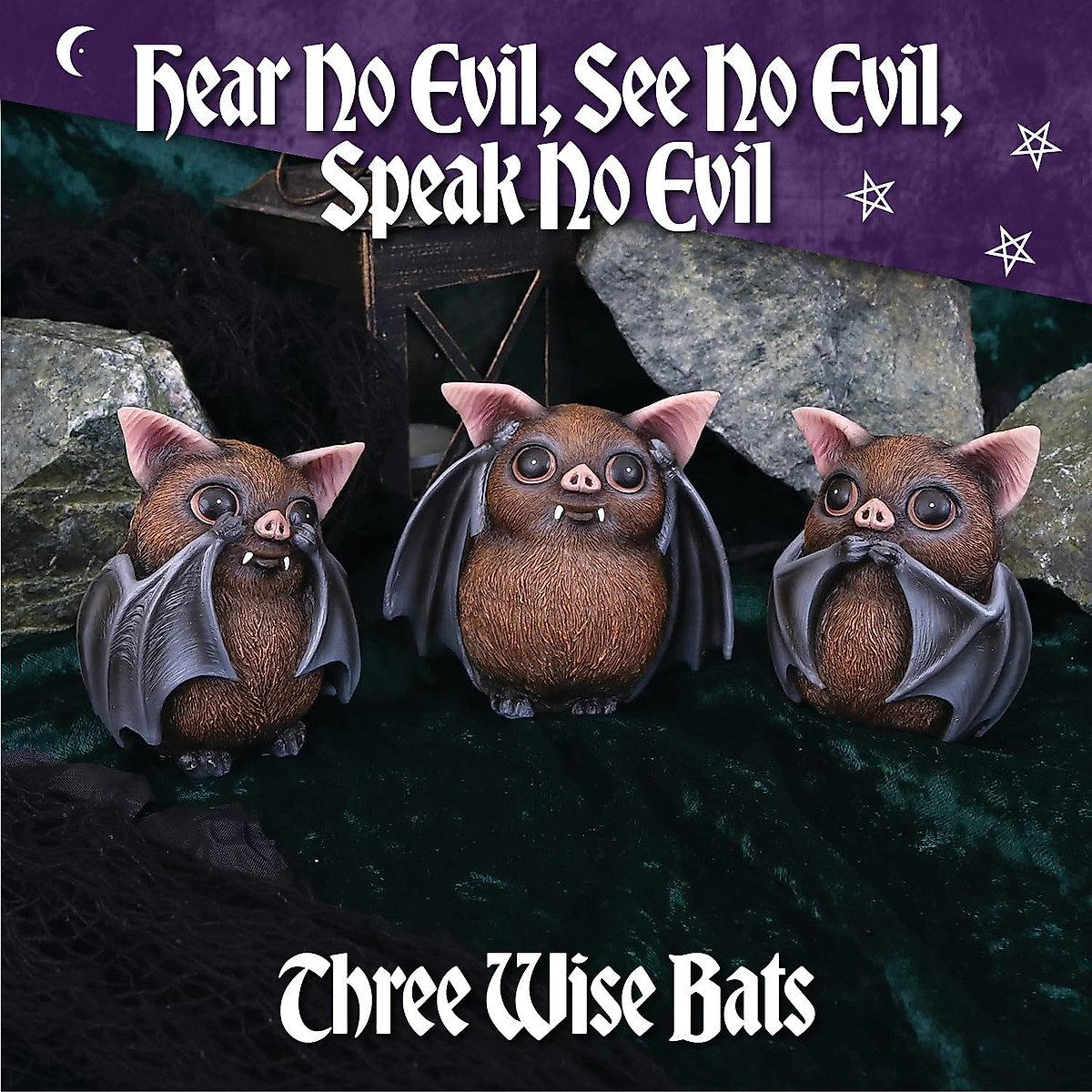 Nemesis Now Three Wise See No Evil Hear No Evil Speak No Evil Figurines, Adorable Hand-Painted Resin Collectibles and Gift - Bats