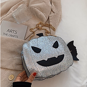 QZUnique Pumpkin Shoulder Bag, Halloween Crossbody Bags with Silver Sequin, Fashion Casual Bags with Bat Pendant for Women, Stylish Lightweight Purse