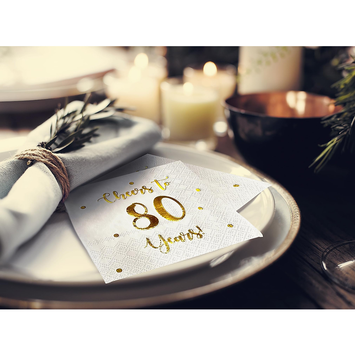 Cheers to 80 Years Cocktail Napkins | Happy 80th Birthday Decorations for Men and Women and Wedding Anniversary Party Decorations | 50-Pack 3-Ply Napkins | 5 x 5 inch folded (White)