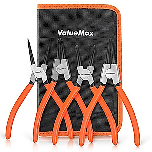 ValueMax 4 PCS Snap Ring Pliers Heavy Duty Set, Circlip Pliers Kit with Straight Bent Jaw Precision Spring Loaded Pliers, 7 Inch Internal/External C Clip Pliers with Storage Pouch