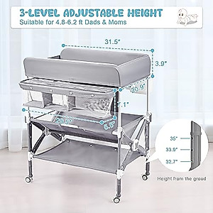 Babevy Portable Baby Changing Table, Foldable Diaper Change Table with Wheels, Adjustable Height, Cleaning Bucket, Changing Station for Infant Mobile Nursery Organizer for Newborn (Light Grey)