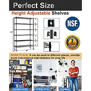 LLLstore 6-Tier Storage Metal Shelf Wire Shelving Unit 2100Lb Capacity Adjustable Heavy Duty Storage Rack with Wheels NSF Metal Shelf for Closet Kitchen Garage Basement, 82" H x 48" L x 18" D- Black