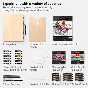 ARTEZA Acrylic Paint Set, 35-Piece Art Set, Includes 24 Acrylic Paints, 5 Brushes, 1 Paint Palette, 1 Paint Knife, 3 Painting Pads, and Storage Case, Art Supplies for Beginners and Aspiring Painters