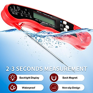 Xuhal 3 Pcs Instant Read Meat Thermometer Waterproof Precise Digital Food Thermometer Red Oven Grilling Cooking Thermometer with Folding Probe Backlight and Calibration for Kitchen Outdoor BBQ Candy