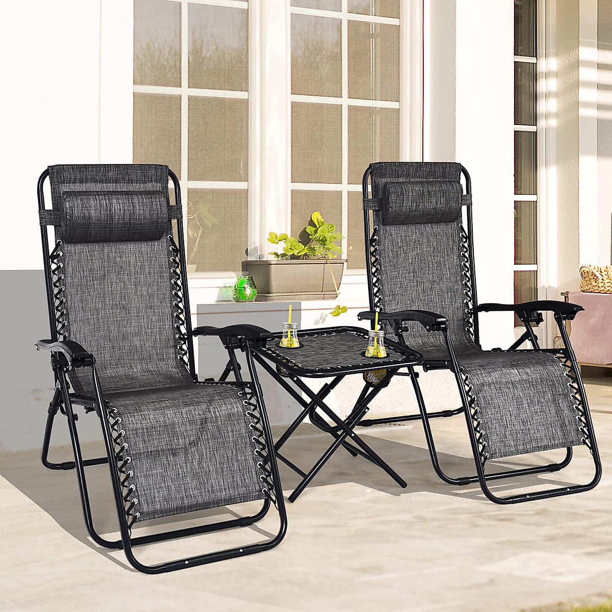 HAPPYGRILL Zero Gravity Lounge Chairs Set with Coffee Table, Folding Reclining Chairs with Side Table and Pillow, 3 Pieces Adjustable Patio Lawn Recliner Set for Outdoor Garden Camp Travel