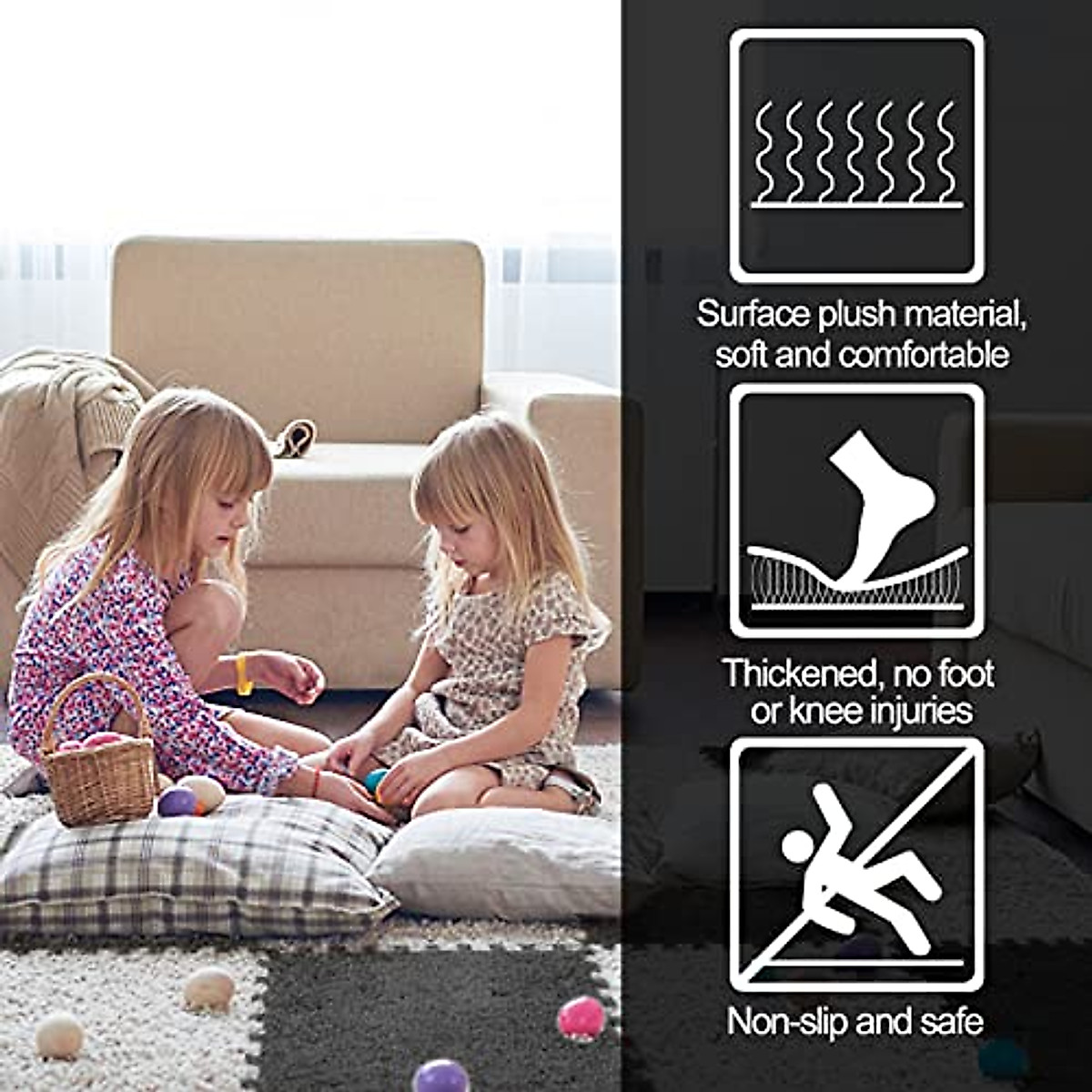 12PCS Plush Puzzle Foam Floor Mat for Kids- Thick Interlocking Fluffy Tiles with Border Square Rug Split Joint Soft Climbing Carpet Mats Shaggy Area Rug for Room Floor(11.8 Inch, White & Grey)