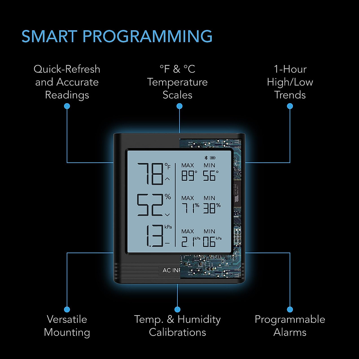 AC Infinity CLOUDCOM B1, Temperature Humidity VPD Smart Hygrometer with LCD Display & Bluetooth App Monitor, Climate Gauge Thermometer Sensor Probe for Basements, Guitar Rooms, Grow Tents, Greenhouses