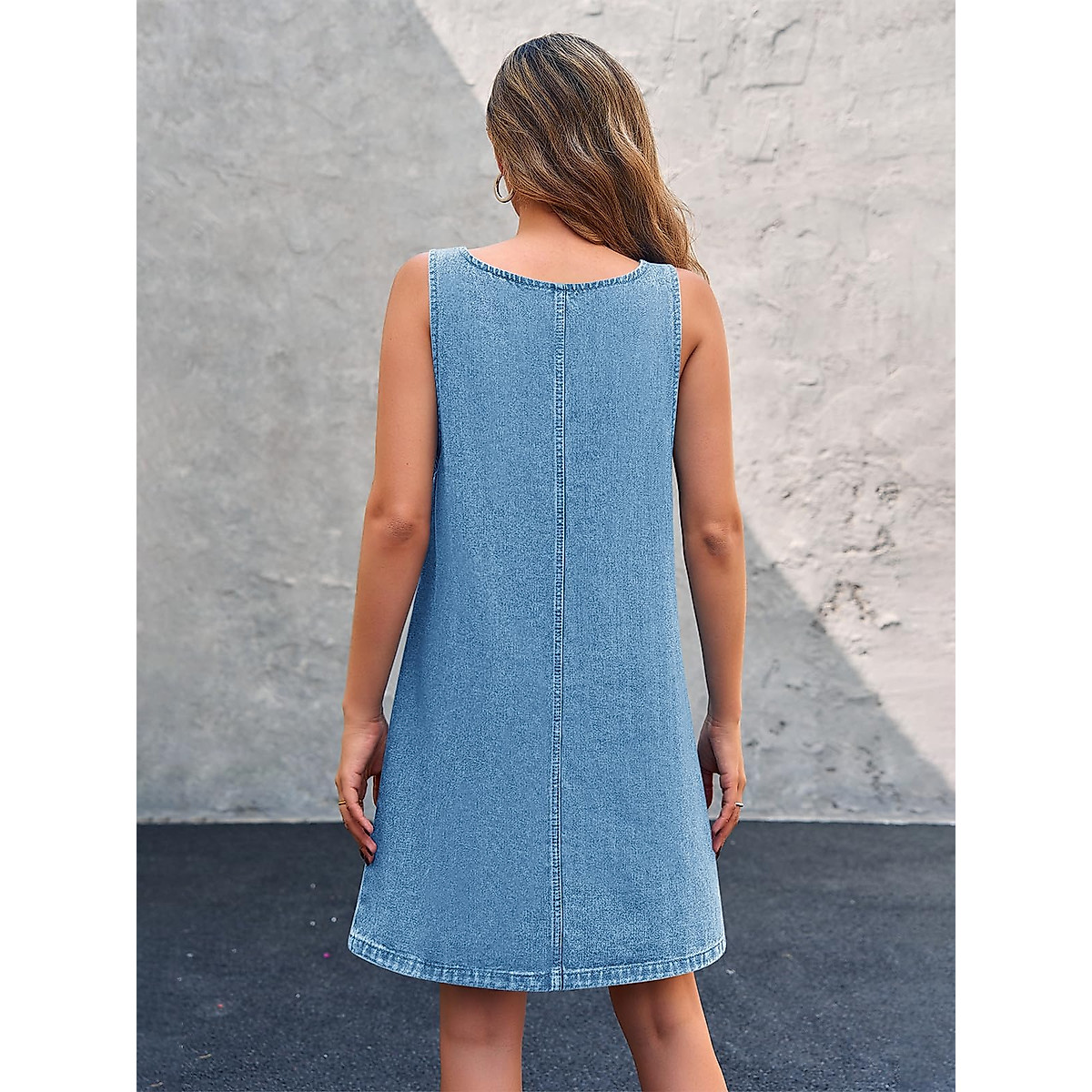 BZB Women's Sleeveless Casual Denim Dress Crewneck Vintage Overall Mini Dress with Pockets (Blue, X-Large)