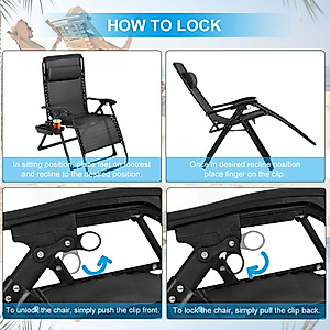 Outdoor Oversized Zero Gravity Chair, XL Adjustable Patio Lounge Recliner Chair with Lumbar Support and Pillow, Folding Recliner for Backyard, Beach, Lawn Pool Deck Camping with Cup Holder, Black