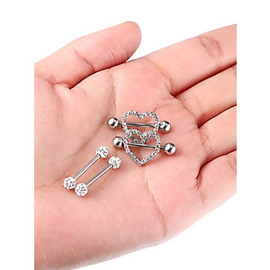 JOVITEC 2 Pairs Stainless Steel Nipple Ring CZ Barbell Rhinestone Nipple Studs for Nipple Tougue Body Piercing, 14 G (Silver)