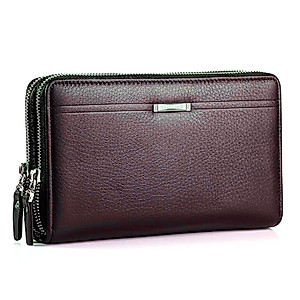 SUMGOGO Large Clutch Handbag Leather Zipper Around Wallets Wristlet Card Business Phone Wallet Case for Women Men (A-Brown)