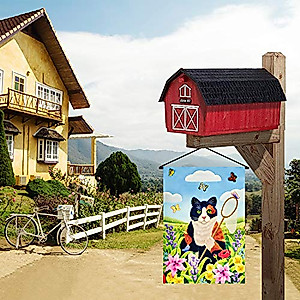 LAYOER Home Garden Flag 12.5 x 18 inch Grass Pastoral Cat & Flower Net Bag Catching Butterflies