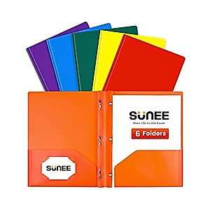 SUNEE 2 Pocket Folders with Prongs (6 Pack, Assorted Color) Plastic Folders with Pockets and Prongs Fit Letter Size, Poly Folders with Pockets for School Office Home Bussiness