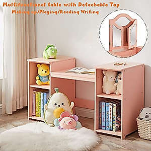 Kovhzcu Kids Vanity, 2 in 1 Princess Makeup Vanity Storage Cabinet with Detachable Top, Girls Vanity Set with Tri-fold Mirror, Kids Vanity Set with Mirror Age 3-9 (Pink)