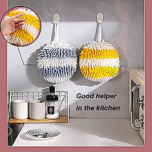 Chenille Quick Dry Hand Towel, 3 Pack Absorbent Bath Hand Puff Towel Balls Hand Fuzzy Towels Kitchen Hanging Bathroom Towels with Loops for Bathroom, Your Kids Hands Fast Drying,Blue ,Pink and Yellow