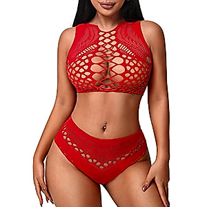 Avidlove Sexy Lingerie Fishnet Lingerie for Women Two Piece Lingerie Red Lingerie Fishnet Outfit Mesh Lingerie