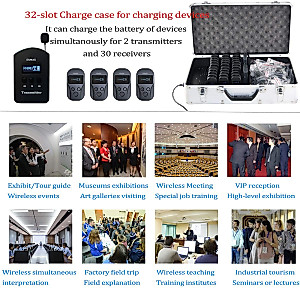 EXMAX EXD-101 2.4G Wireless Audio Tour Guide System Simultaneous Interpretation Church Courtroom Translation Assistive Listening Equipment Worship 3 Transmitters 29 Receivers & 32-slot Charging Case