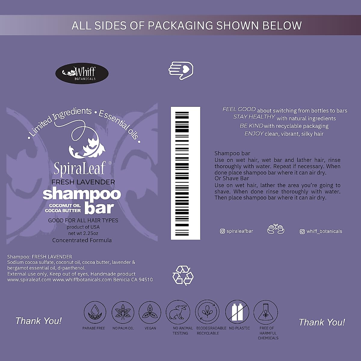 Spiraleaf Shampoo & Shave Bar, Essential Oils, Limited Ingredients, Concentrated Formula, USA Made (Fresh Lavender)