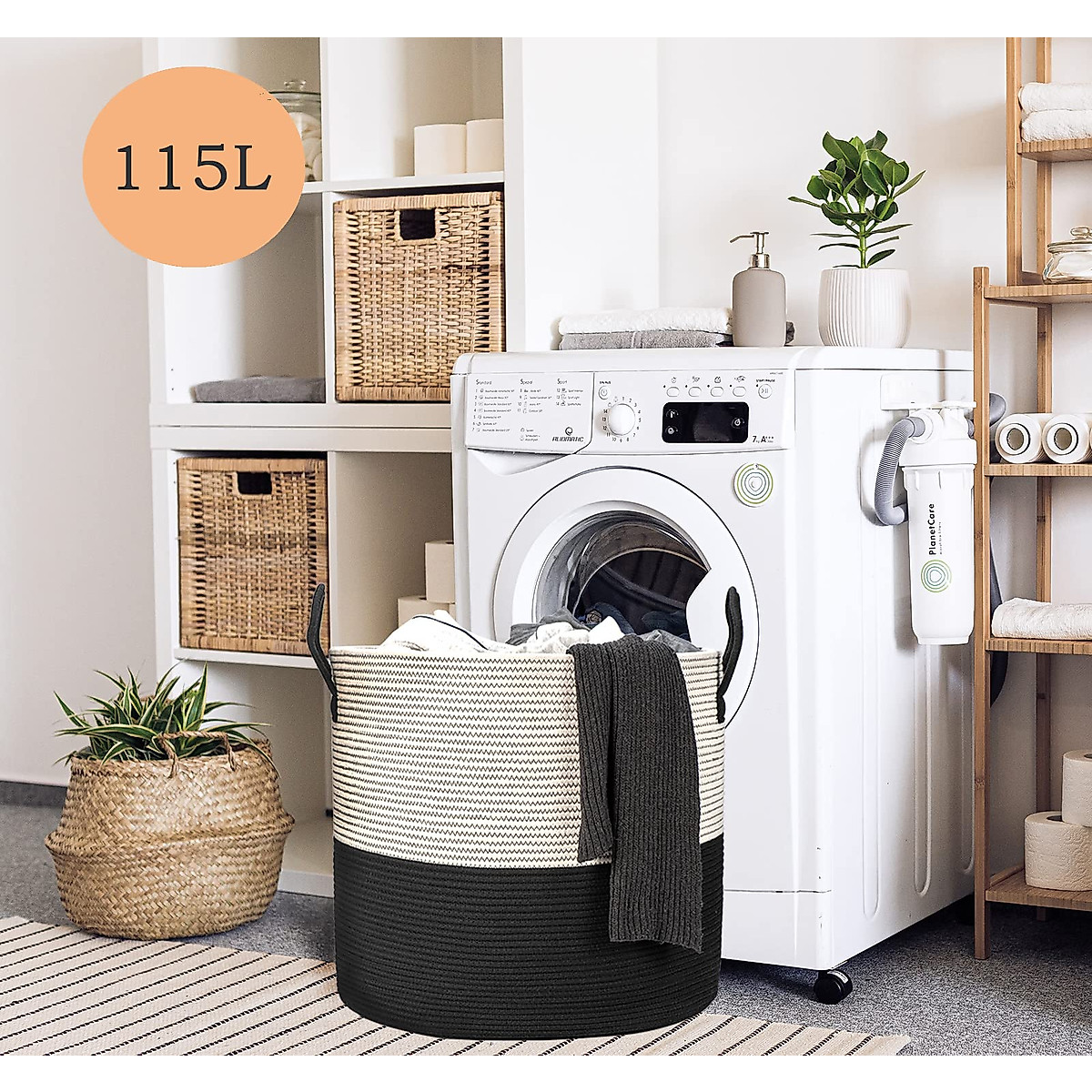 Echueuey 115L Extra Large storage basket with lid, blanket basket with lid for living room,extra large laundry basket,large round basket with lid,wicker basket with lid,Black 21" x 21" x 18"