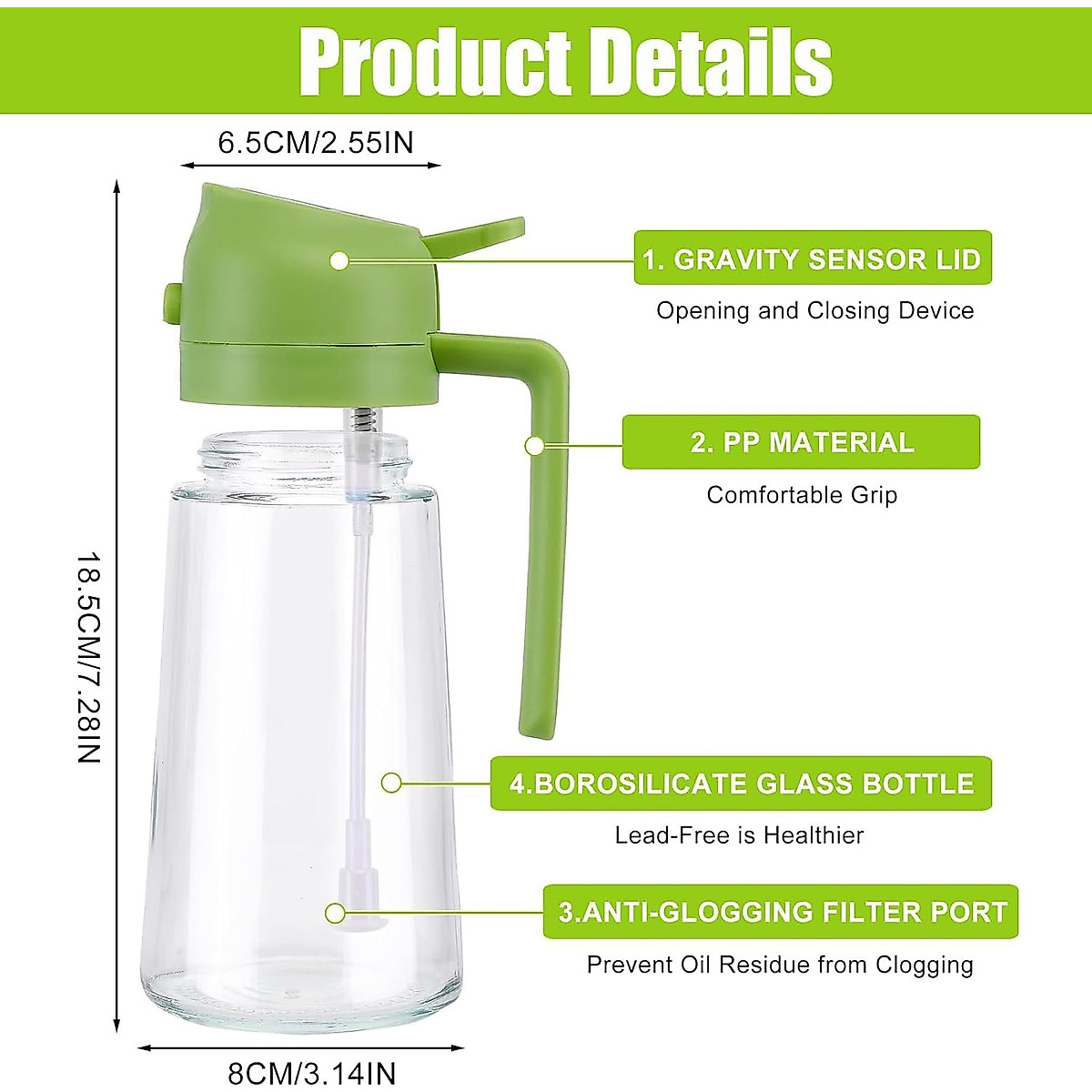 Oil Dispenser Bottle for Kitchen,2 in 1 Olive Oil Dispenser and Oil Sprayer,17oz/500ml Olive Oil Bottle,Oil Sprayer for Cooking,Premium Glass Oil Bottle,Oil Mister Kitchen,Salad,Barbecue(Green)