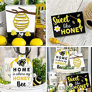 Huray Rayho Bee Wooden Sign Tiered Tray Decor Set of 3, 3D Raised Letter Laser Cutting Bumble Bee Wood Block Spring Summer Farmhouse Home Kitchen Decor Self-Standing Display for Tray, Mantel, Shelf