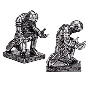 Cottage Garden Antique Silver Kneeling Knight 4.75 inch Resin Wand Stand 2 Piece Set