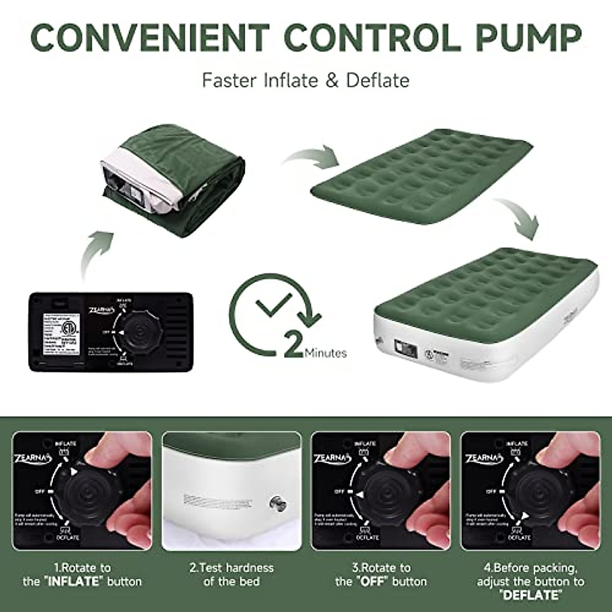 Zearna Twin Air Mattress with Built in Pump 13 Inch Inflatable Mattress for Tent Camping, Home Guest Bed - Adjustable Blow Up Mattress - Easy to Inflate (Twin Size) 75L x 39W x 13T