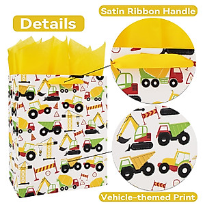13" Large Construction Vehicle Gift Bags Set with Greeting Card and Tissue Paper (Yellow Car Design) for boys, Construction Kids Birthday Party, Baby boy, Baby Shower, Truck, Newborn -10.2”x5.2”x13”, 1 Pcs