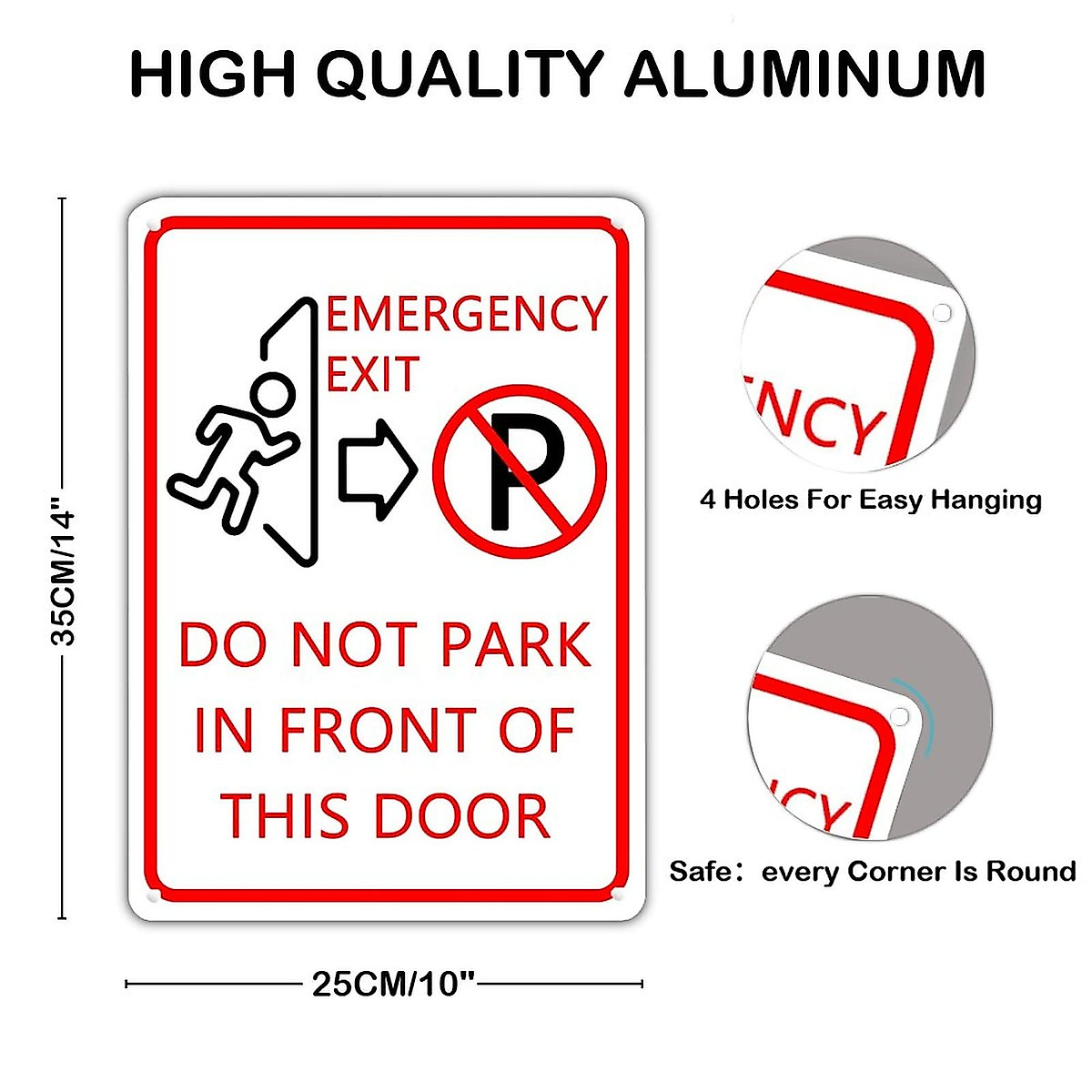 Warning Metal Sign Emergency Exit Do Not Park in Front of This Door Outdoor Tin Metal Sign Fade Resistance Durable Rust Free UV Protected Metal Decor Wall Decorative For Cafes Pubs Home Gate 14x10in