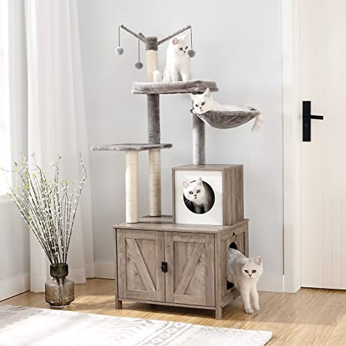 HOOBRO Cat Tree Tower with Litter Box Enclosure for Indoor Cats, Wooden Cat Condo with Scratching Posts, Cat Litter Box Furniture Hidden, All-in-One Cat Toy with Cat House, Greige BG15MZ03