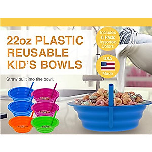 Arrow Home Products Sip-A-Bowl Set, 22oz, 6pk - BPA Free Straw Bowls for Kids To Sip Up Every Drop Without the Mess -Made in the USA, Great for Cereal, Ice Cream, Soup, Milk-Blue, Pink, Green, Orange