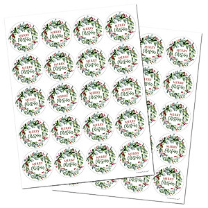 2" Round Greenery Wreath Merry Christmas Stickers (40 Labels)